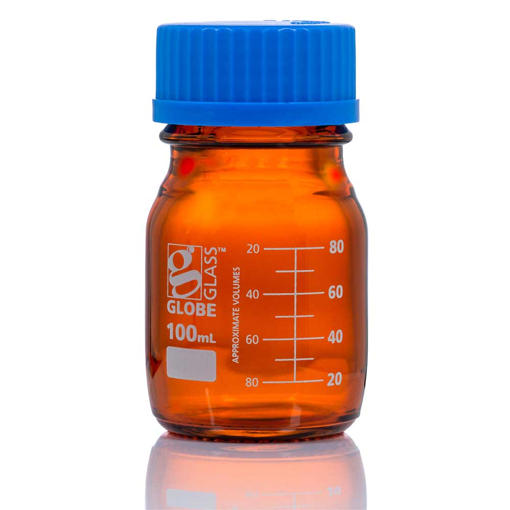 Bottle, Amber Media, Globe Glass, 100mL, GL45 Screw Cap, Dual Graduati – AmScope