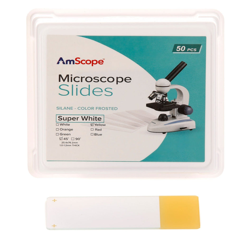 AmScope 50pc Blank Silane Slides with Single Frosted, Yellow-Coated Si