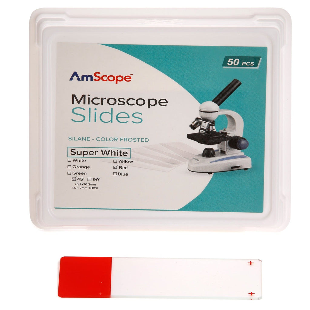 AmScope 50pc Blank Silane Slides with Single Frosted, Red-Coated Side