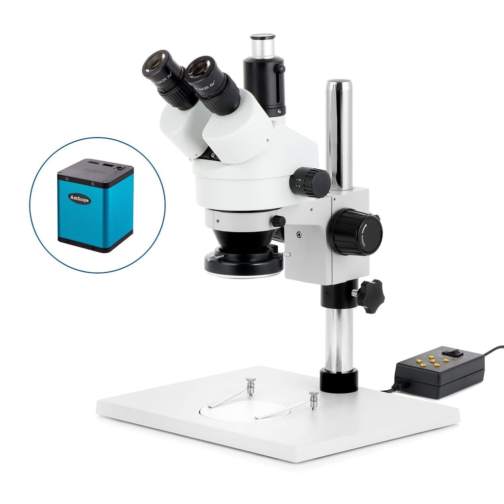 AmScope SM-1 Series Zoom Trinocular Stereo Microscope on Pillar Stand
