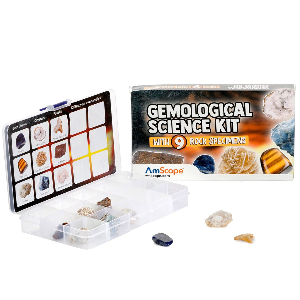 AmScope Kid's Gemological Science Kit W/ 9 Rock Specimens (3 Gemstones