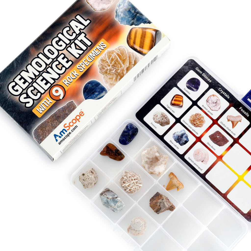 AmScope Kid's Gemological Science Kit W/ 9 Rock Specimens (3 Gemstones