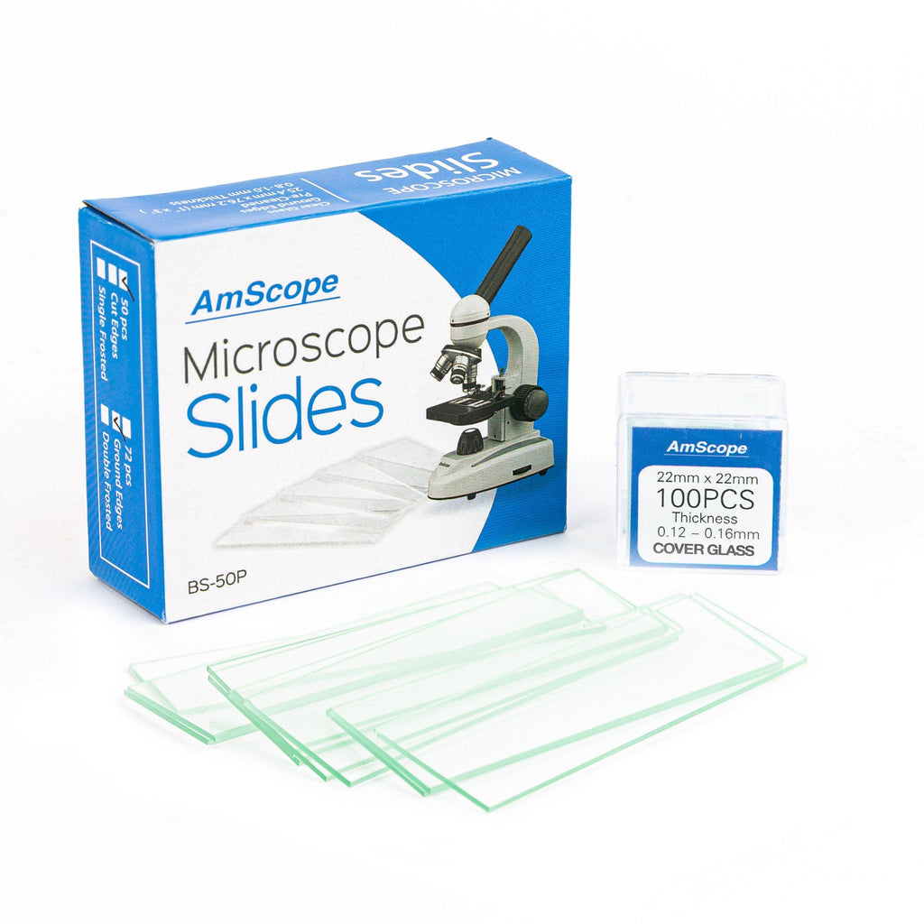 AmScope 50 Pre-Cleaned Blank Microscope Slides and 100 22x22mm Square