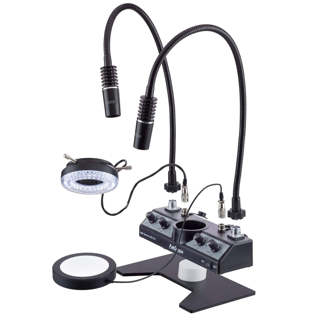 AmScope LED Illuminator Set with Stage-plate, Ring Light, two Goosenec